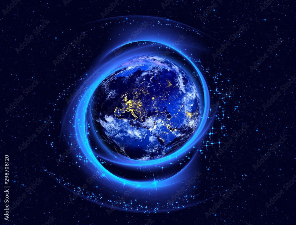 Planet earth in space surrounded by glowing circle of stars. Elements ...