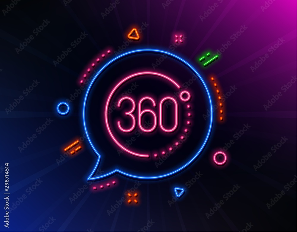 360 degrees line icon. Neon laser lights. VR simulation sign. Panoramic ...