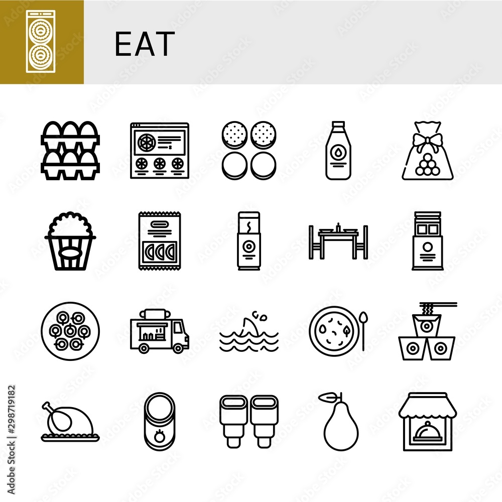 Vetor de Set of eat icons such as Donut, Eggs, Pizza, Burger bun, Milk ...