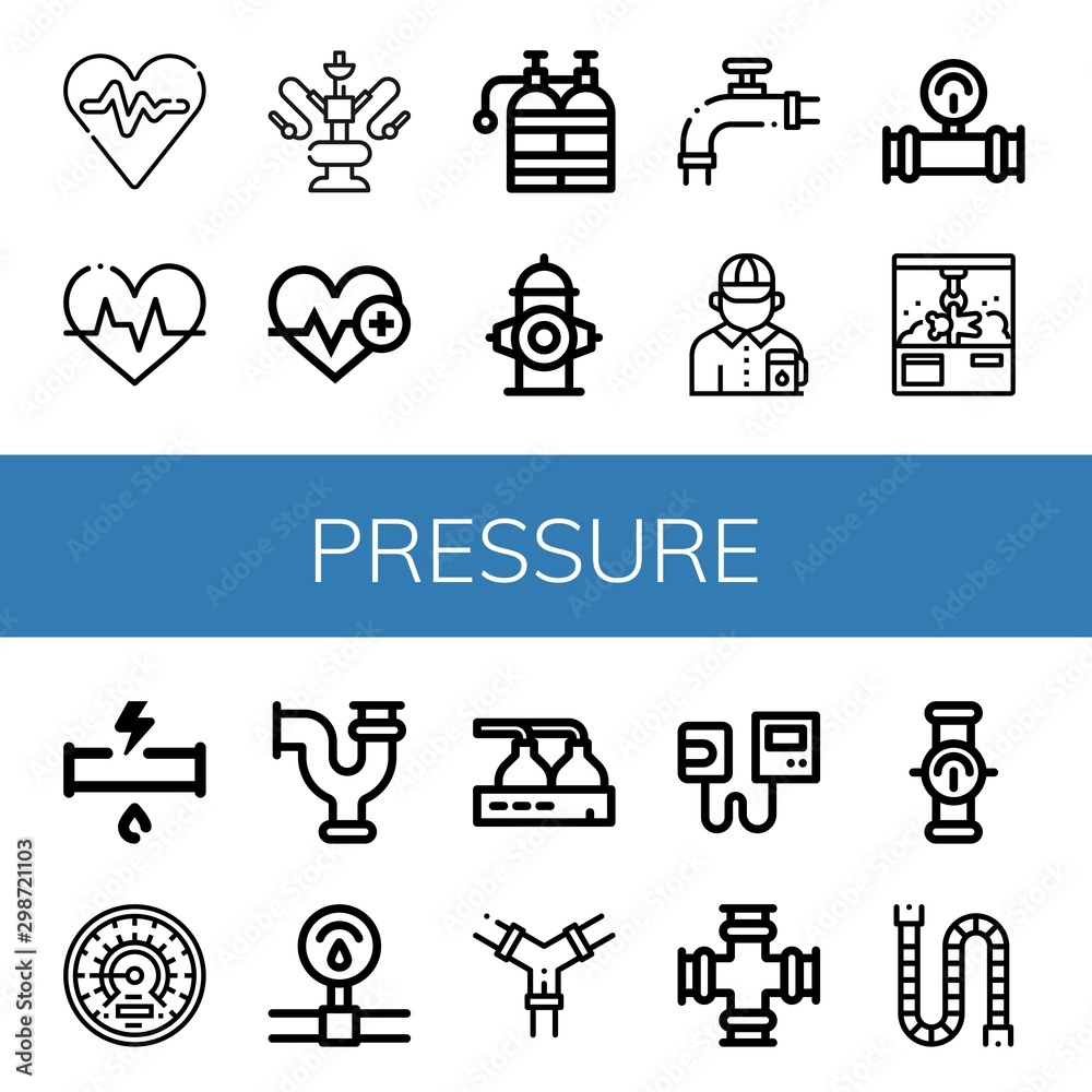 Set of pressure icons such as Heart rate, Heartbeat, Water pipe, Oxygen ...