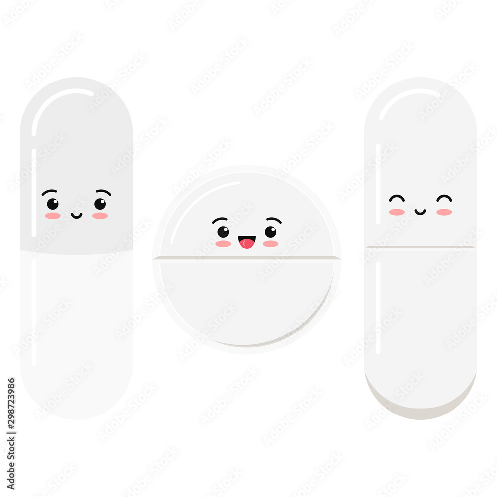 Set of cute happy smiling different form white drug pills and capsule ...