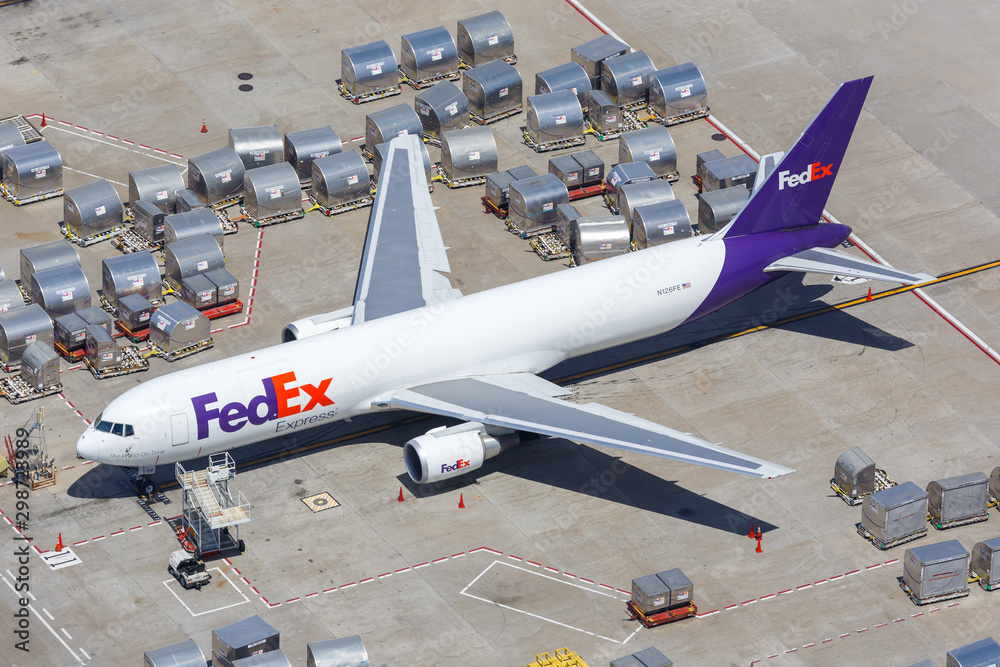 FedEx Express Boeing 767-300F airplane Los Angeles airport aerial view ...
