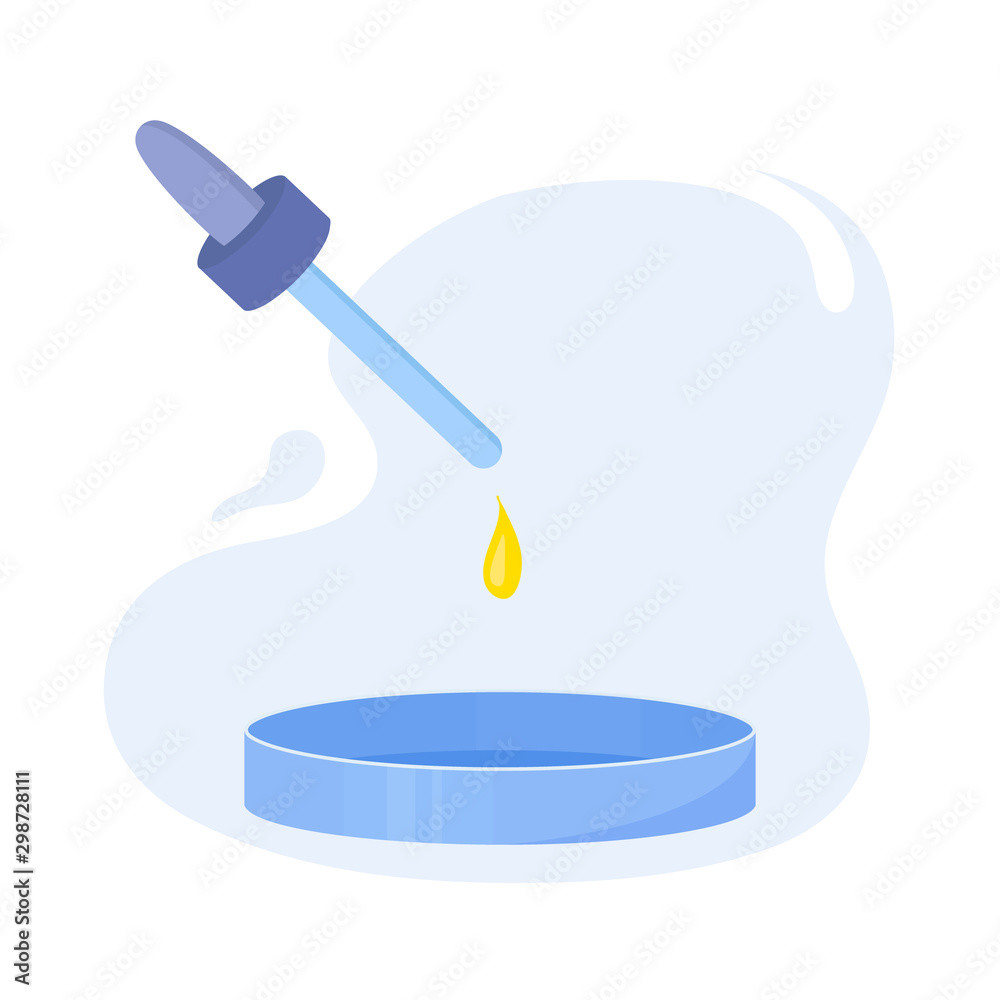 Petri dish with pipette yellow liquid drop. Chemical laboratory tools ...