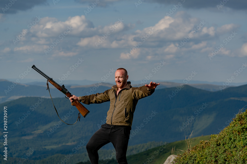 Hunting - Men hobby. Excited Hunter with Powerful Rifle with Scope ...