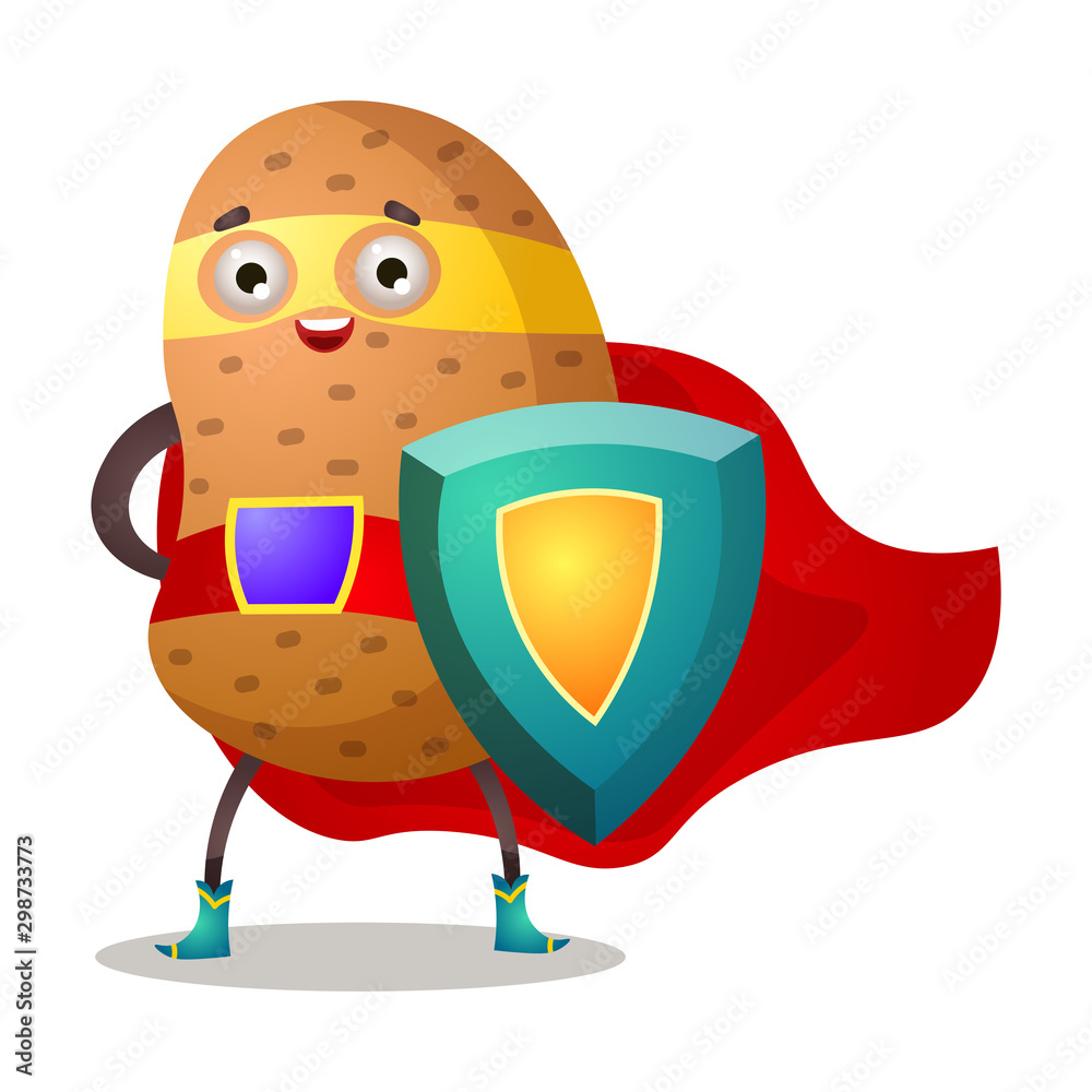 Potato in traditional costume of superhero with shield vector ...