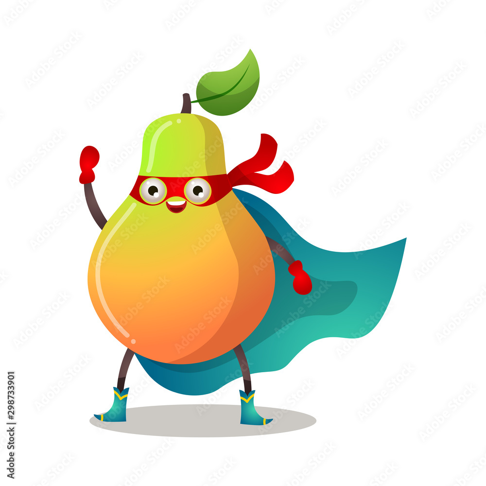 Funny superhero humanized pear in a red mask and blue cloak. Vector ...