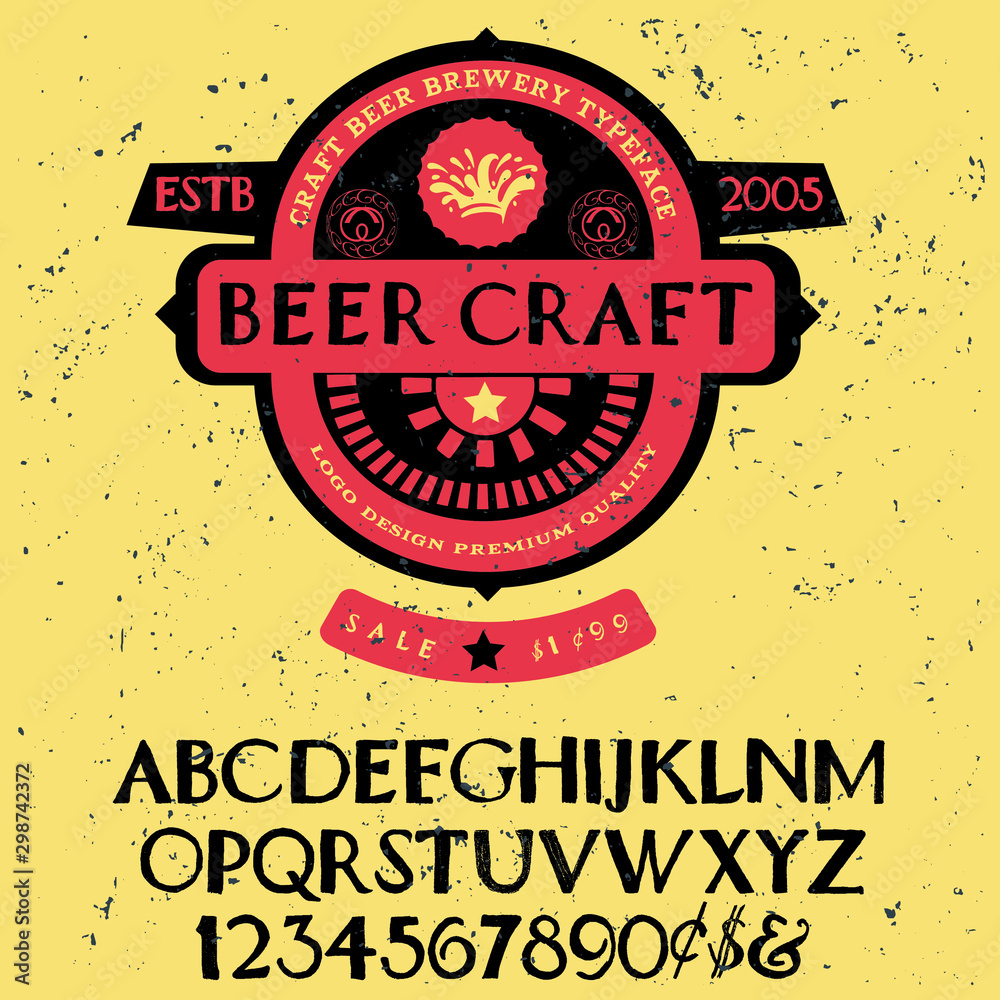 "beer " typeface. Vector hand crafted font in medieval style with hops ...