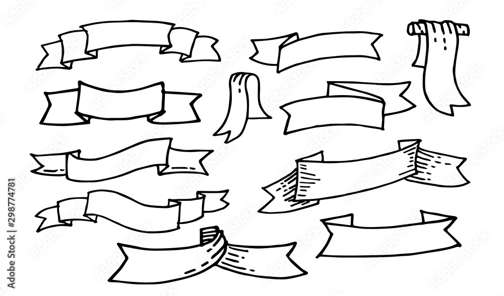 hand drawn of doodle set blank vintage ribbon, badges, borders, banner ...