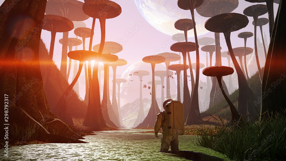 astronaut exploring alien planet landscape, journey to an exoplanet ...