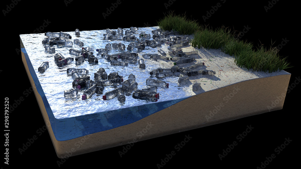 bottles in ocean water, cross section of a strand area with plastic ...