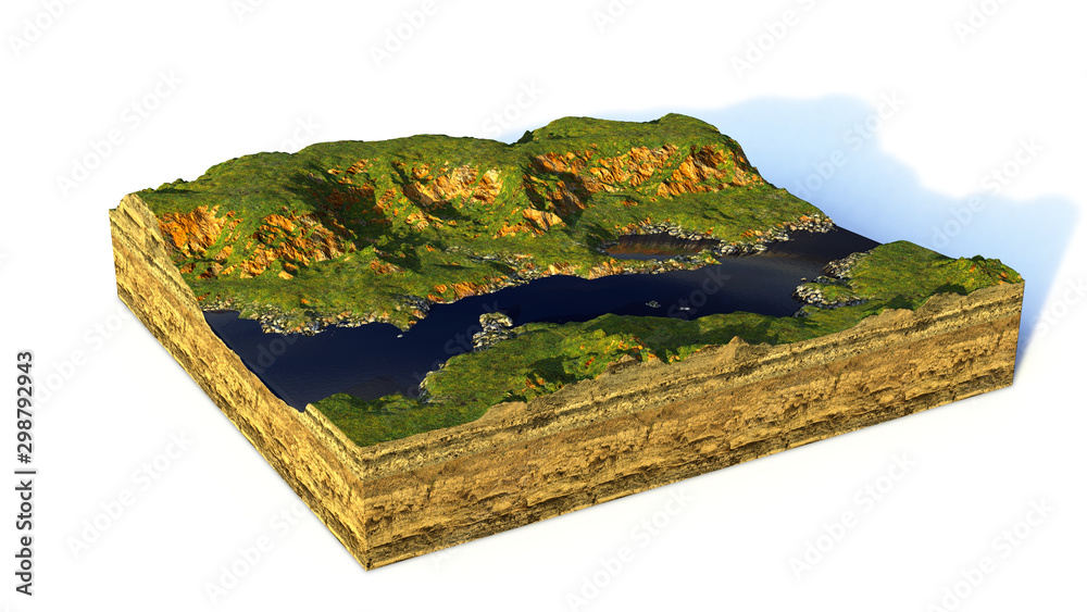 cross section of ground with hills, river and meadows (3d illustration ...