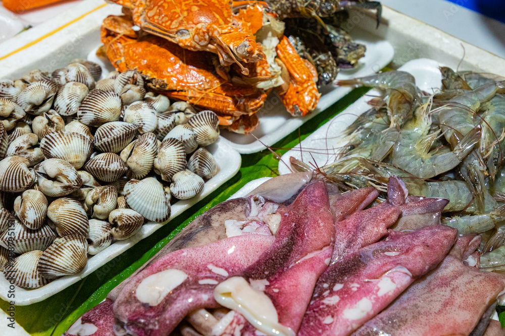 Food bazaar. Traditional buffet at local street food at Night Market at ...