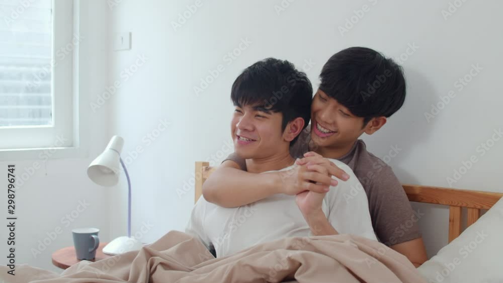 Handsome Asian Gay Couple Talking On Bed At Home Young Asian Lgbtq