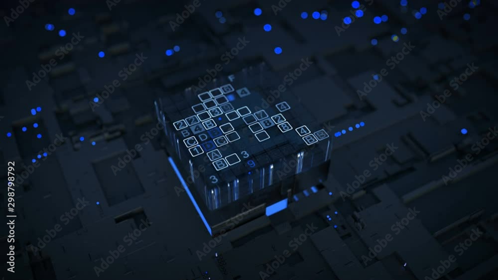 Blue digital data processing and analysis. Futuristic PCB with CPU ...