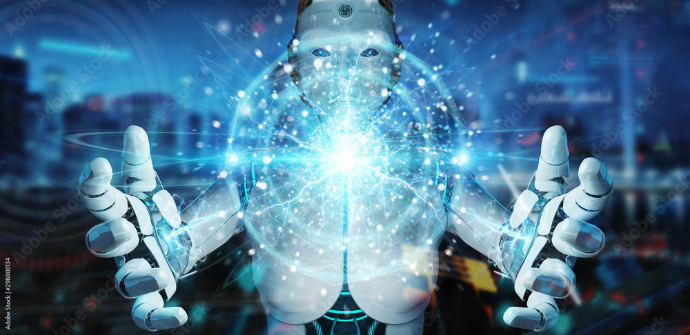 White robot creating renewable and sustainable eco energy with ...