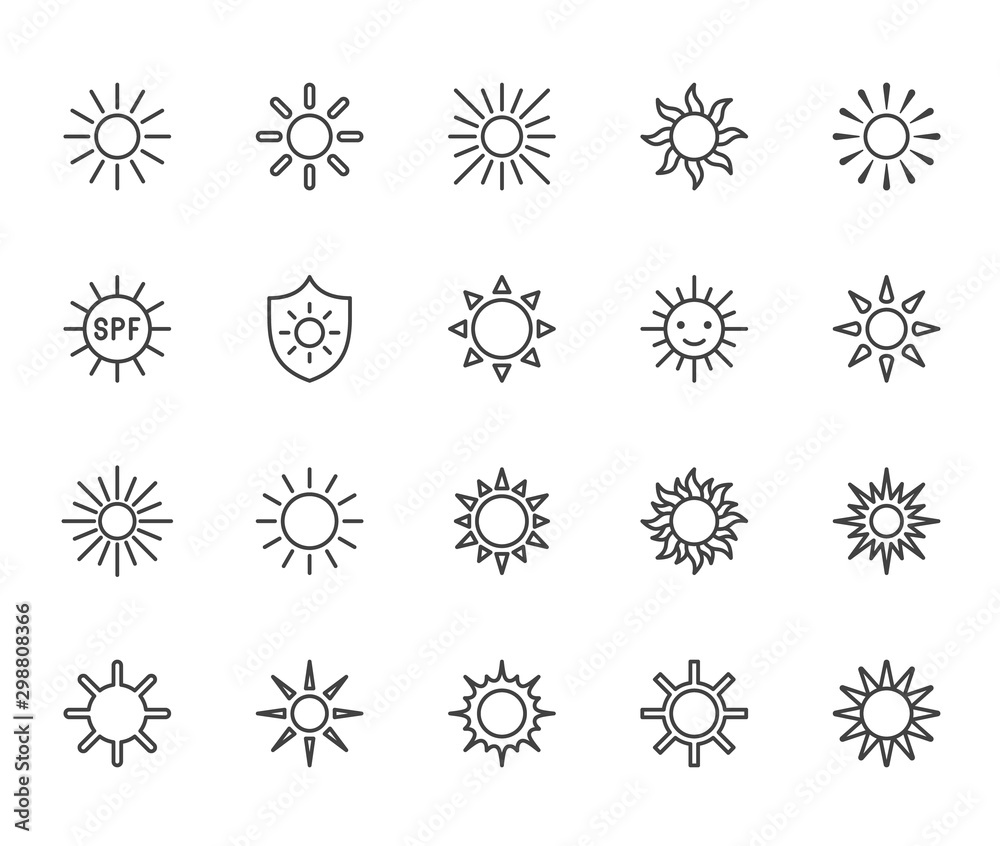 Sun flat line icons set. Sunshine, sunny day, summer heat, morning ...