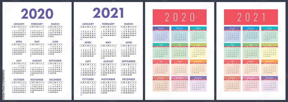 Calendar 2020, 2021 years. Colorful vector set. Week starts on Sunday ...