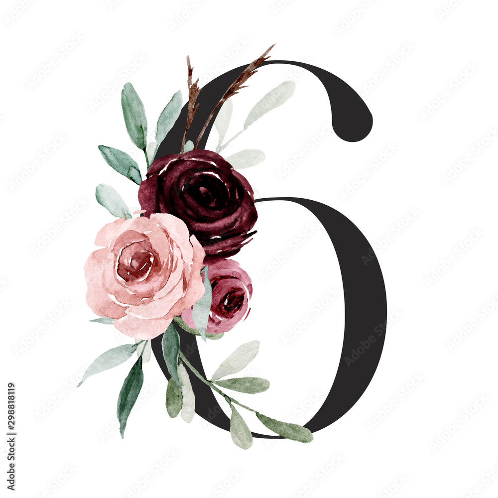 Number 6 with watercolor flowers burgundy and pink roses and leaf ...
