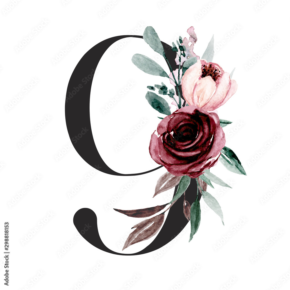 Number 9 with watercolor flowers burgundy and pink roses and leaf ...
