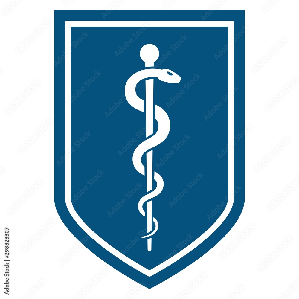 Medical symbol - Staff of Asclepius or Caduceus icon on the shield. The ...