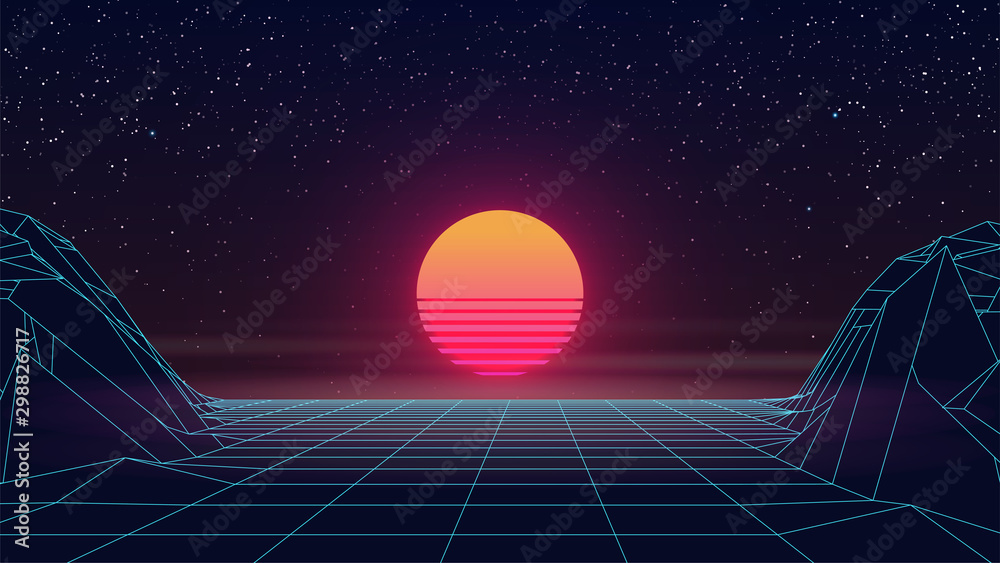 Synthwave virtual Sunset scene. Wireframe valley landscape. Dark 80s ...