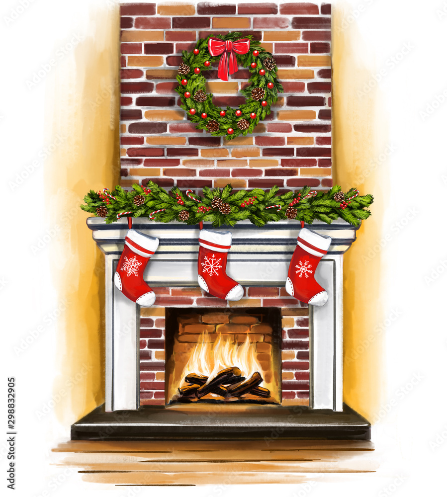 Christmas fireplace, room decorated with Christmas decoration, greeting ...