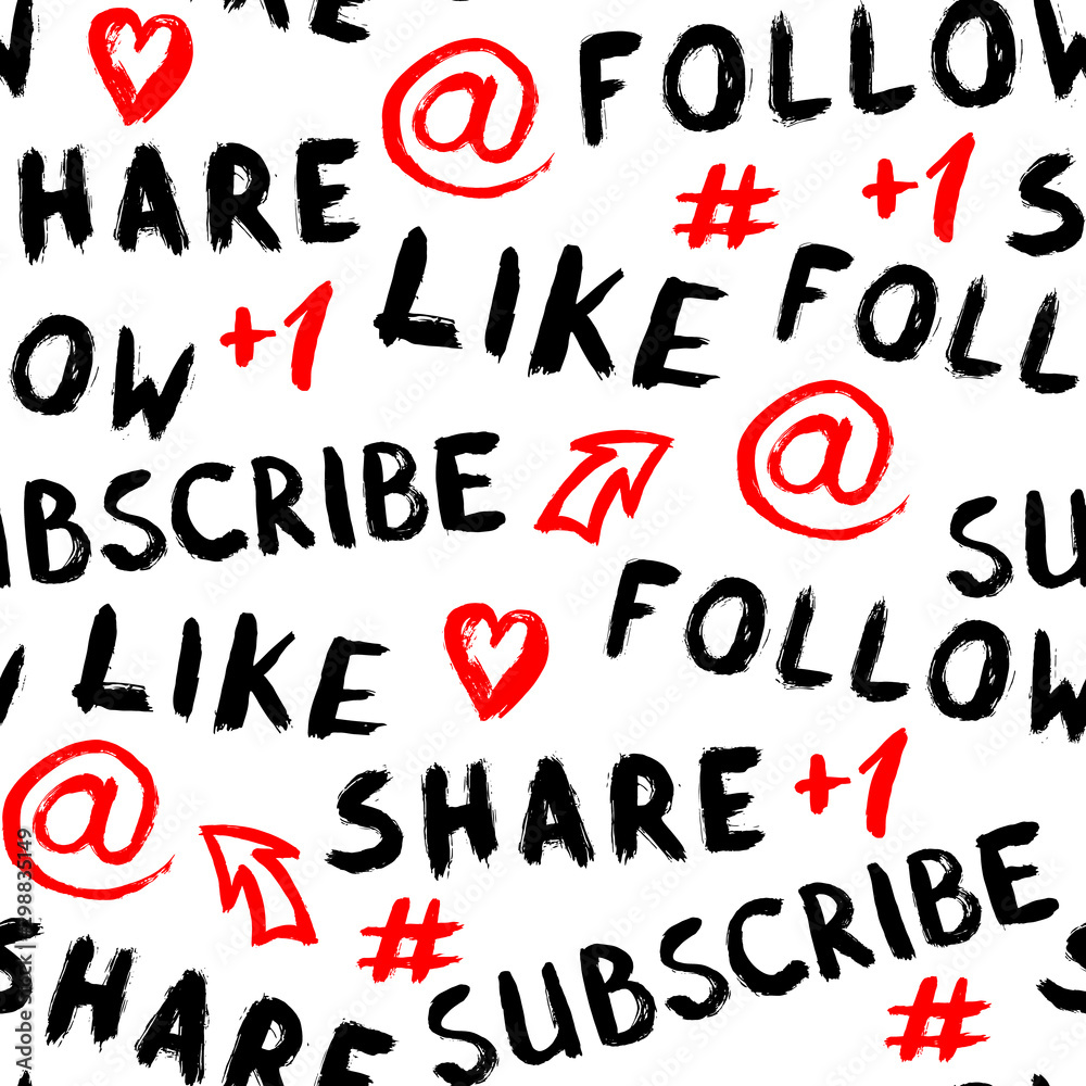 Seamless pattern with graffiti style social media symbols, words "like ...