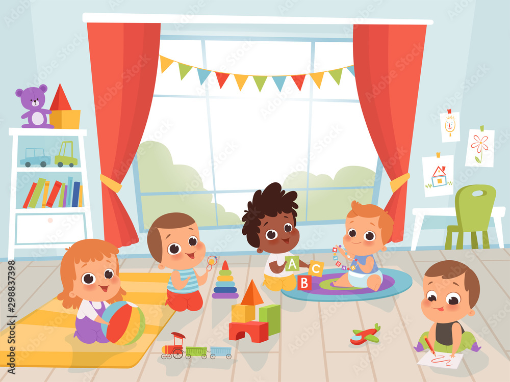 Children playing room. Little new born or 1 years baby with toys ...