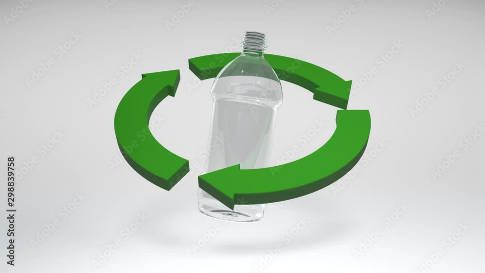 CG animation of a floating plastic bottle rotating inside of recycle ...