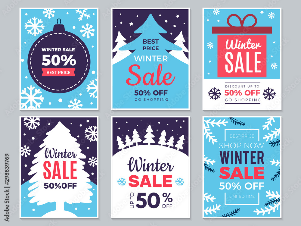 Winter sale cards. Christmas promo banners big discounts and special ...