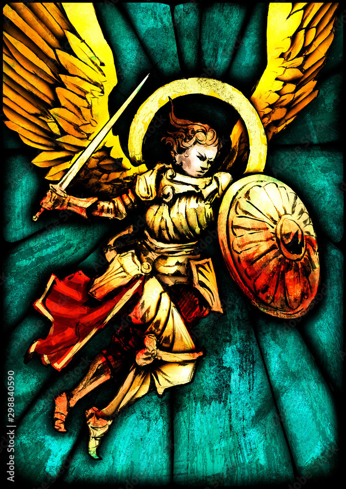 Stained glass with the image of an angel flying to the attack, in gold ...