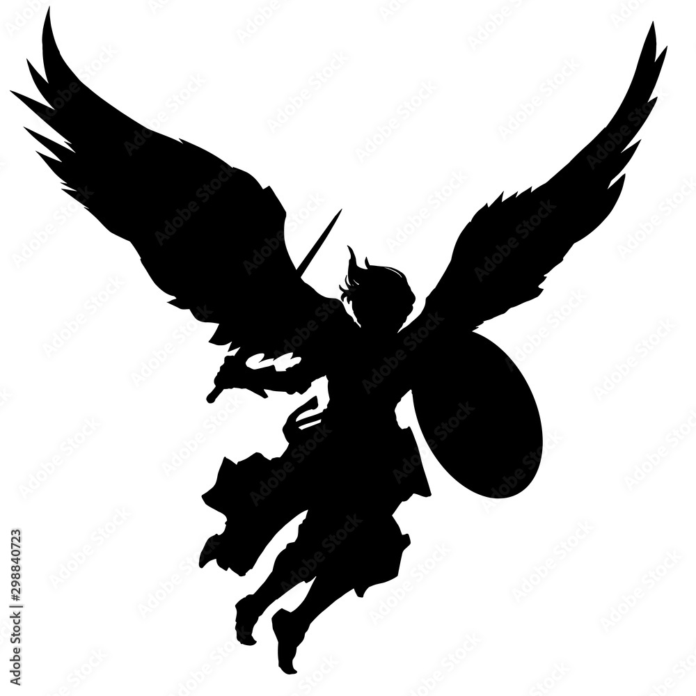 Silhouette of an angel with a sword and shield flying to the attack. 2D ...