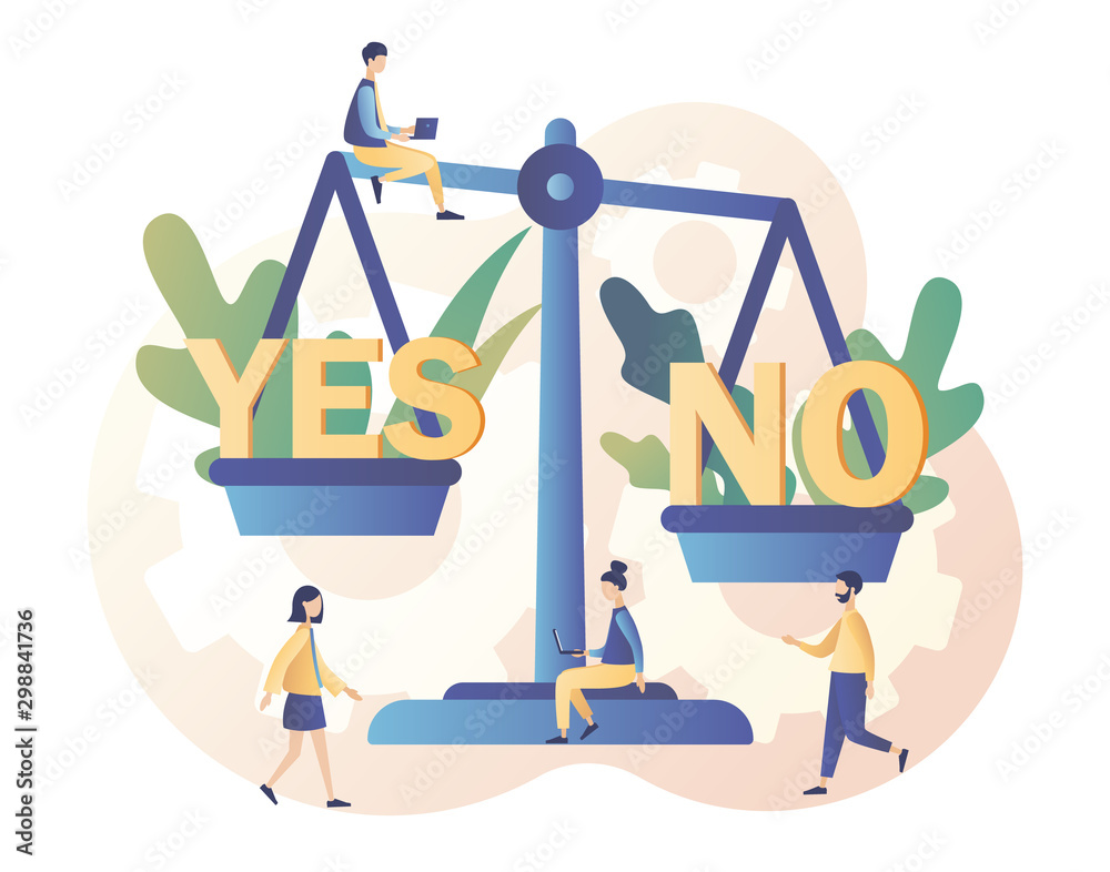 Vettoriale Stock Yes or no consept. Decision making. Tiny people weigh ... Vettoriale Stock Yes or no consept. Decision making. Tiny people weigh ...