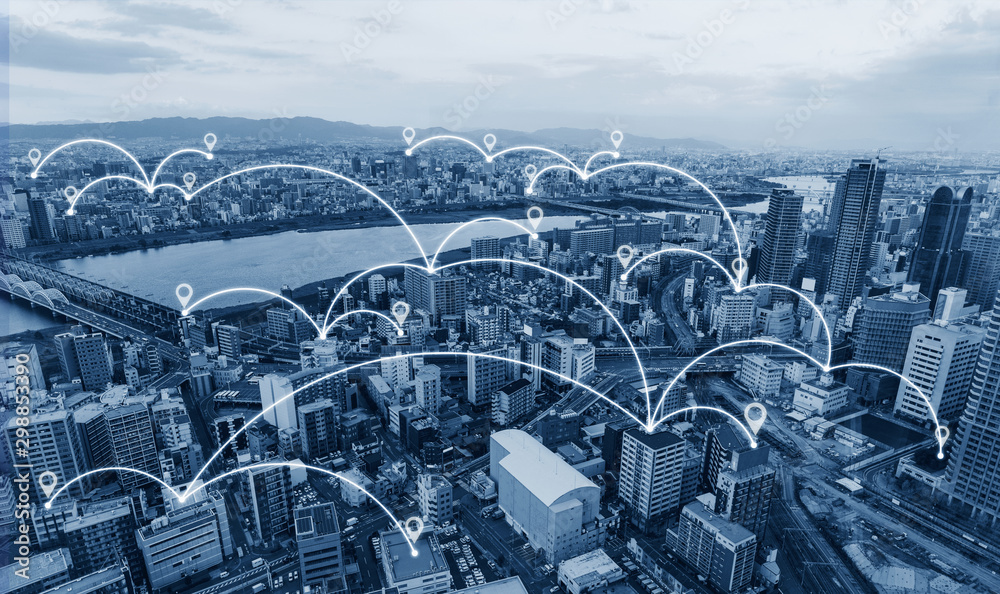 Network connection technology and location icons in the city Stock ...