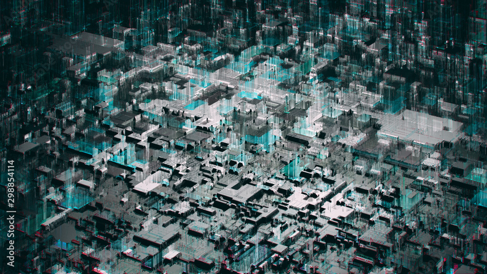 Abstract 3d illustration of cyber futuristic city landscape, data ...