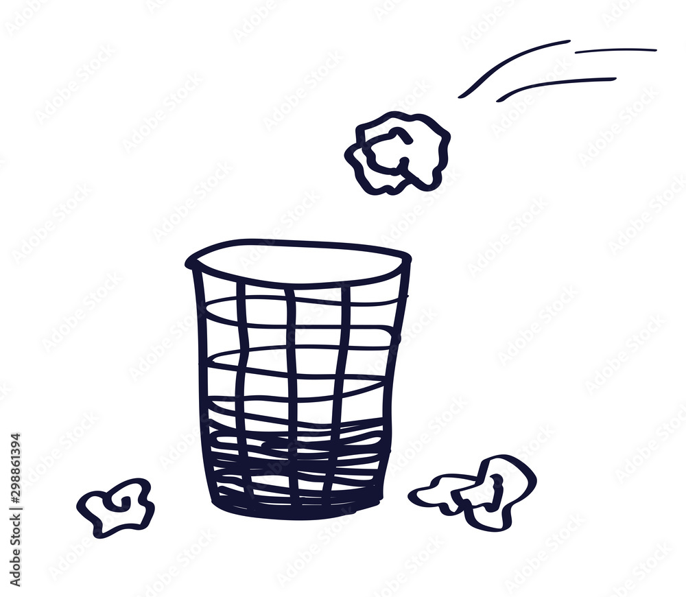 Trash bin and crumpled paper on a white background. A sketch. Vector ...