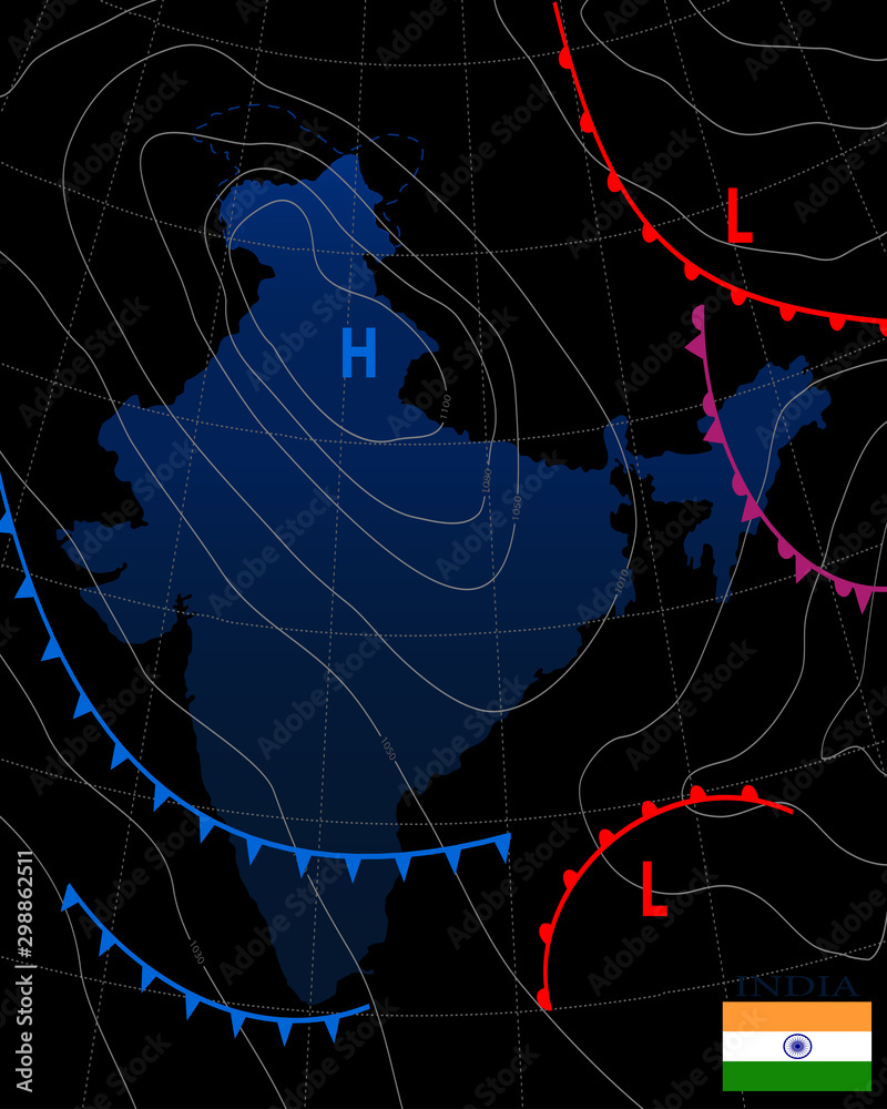 Weather map of the India. Meteorological forecast on a dark background ...
