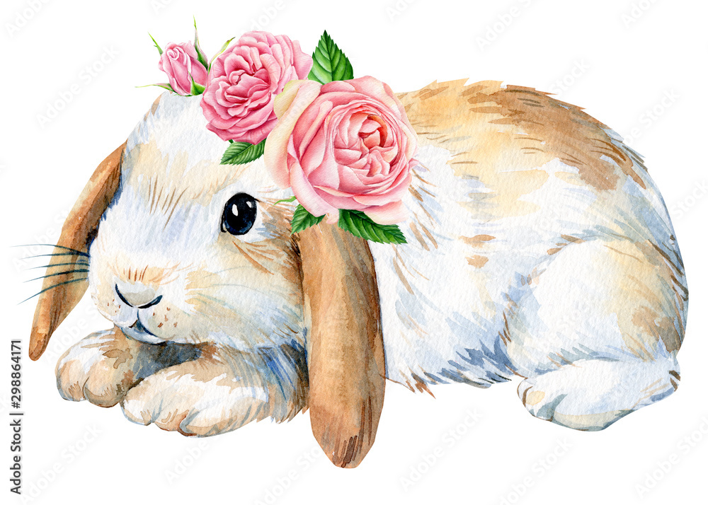 poster, cute bunny with roses flowers on an isolated white background ...