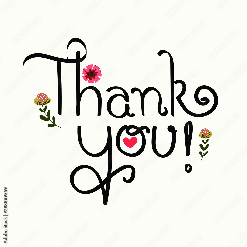 Thank You! Text decorated with flowers and heart Stock Vector | Adobe Stock