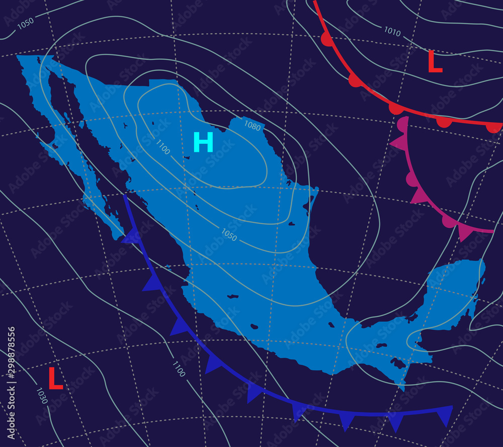 Mexico.Weather map of the Mexico. Meteorological forecast on a dark ...