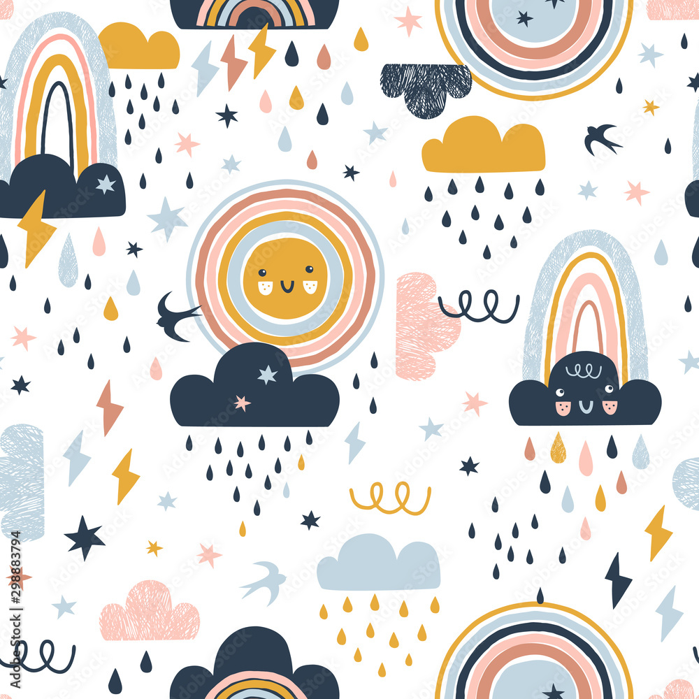 Seamless cute pattern with hand drawn rainbows, rain drops, clouds sun ...
