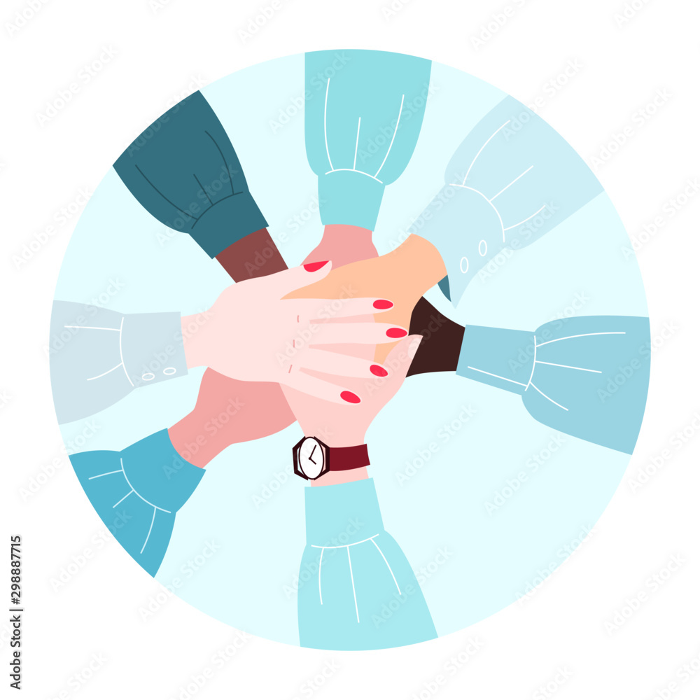 Vector illustration of a team holding their hands together Stock Vector ...