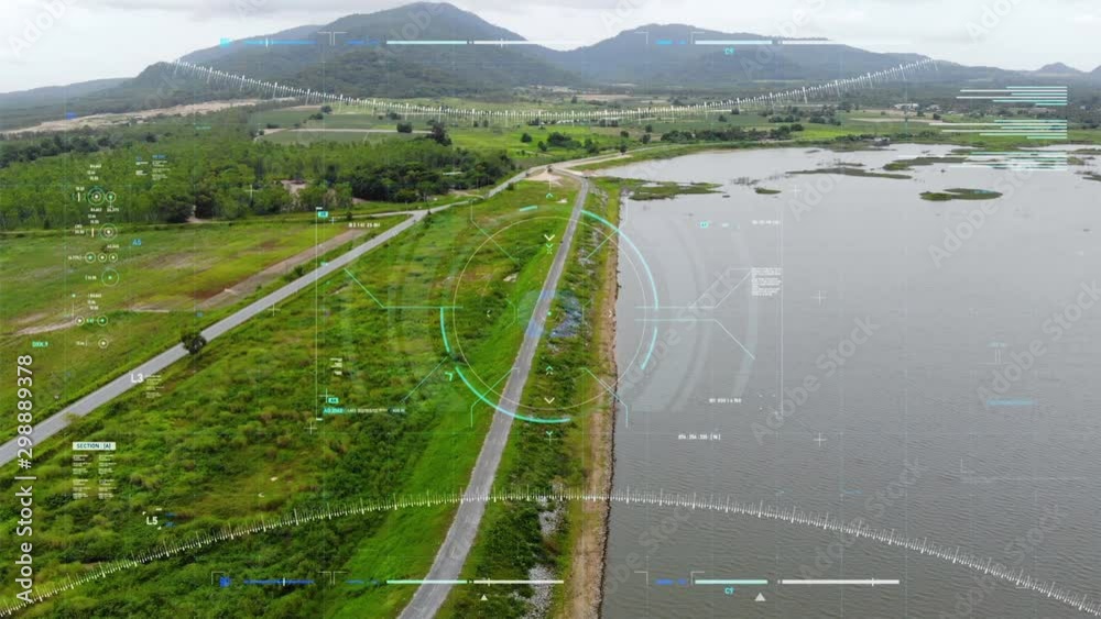 Aerial view scenic landscape of the reservoir dam and drone user ...