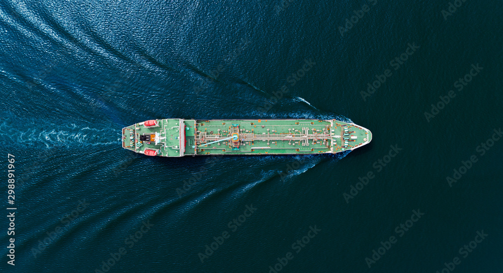 Aerial top view Oil ship tanker for transportation oil from refinery on ...