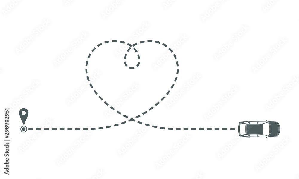 Route of the car as dotted line in the form of a heart. Car moving on ...