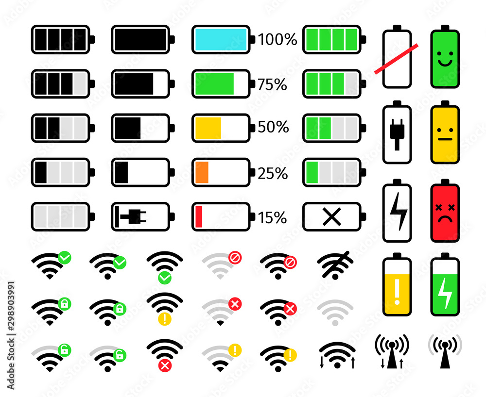 Charge and signal mobile icons. Battery and wifi phone system bar icon ...
