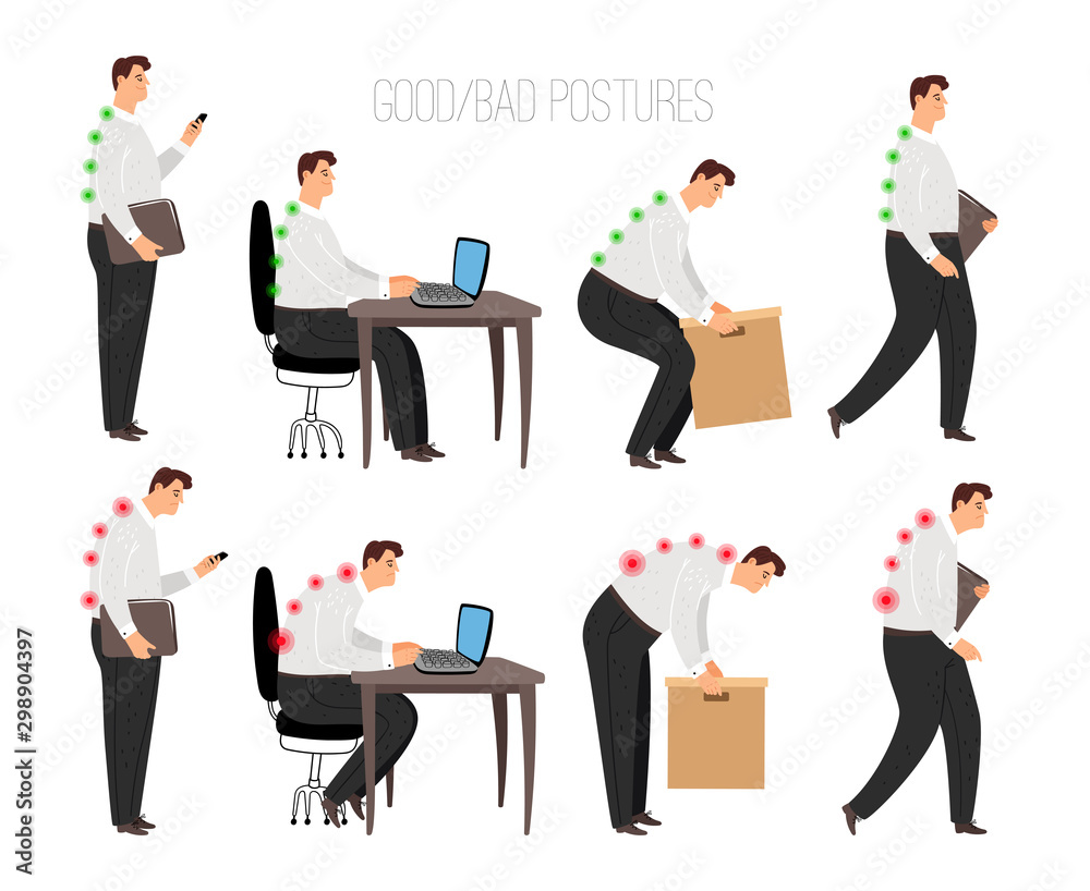 Man improper and correct postures. Properly laptop sitting position and ...