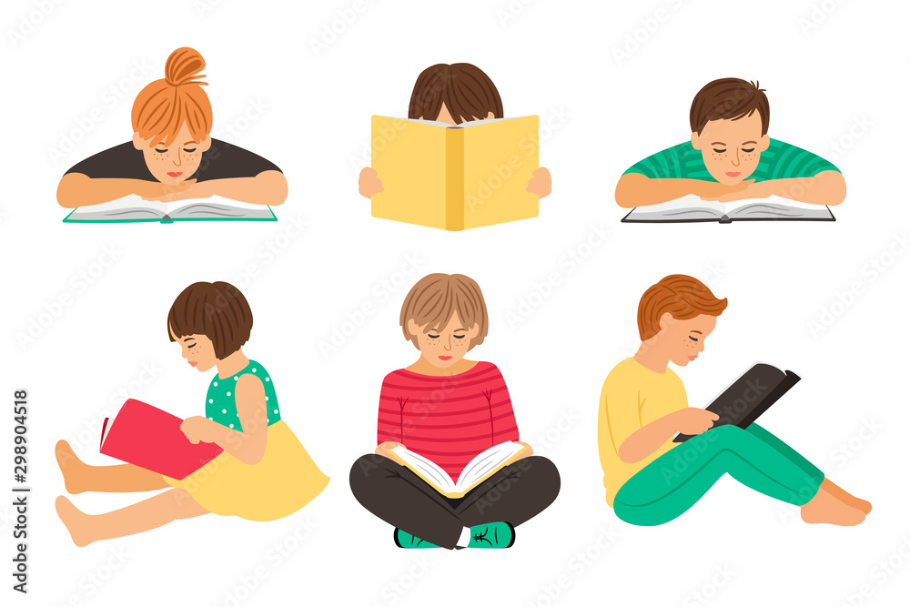 Cartoon reading kids. Teens students with books isolated on white ...