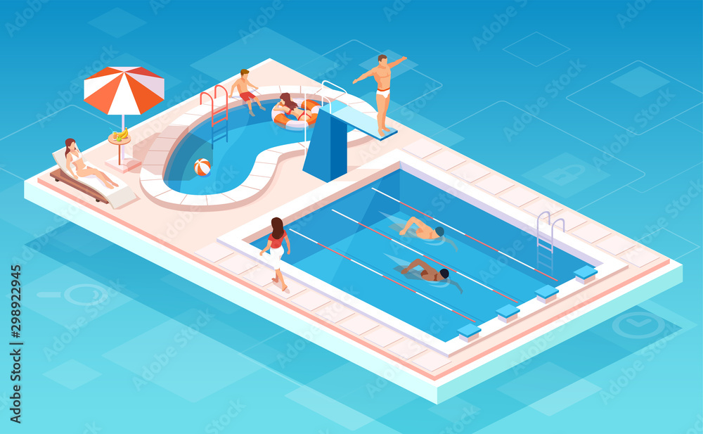 Isometric vector of a swimming pool with swimmers competing, people ...