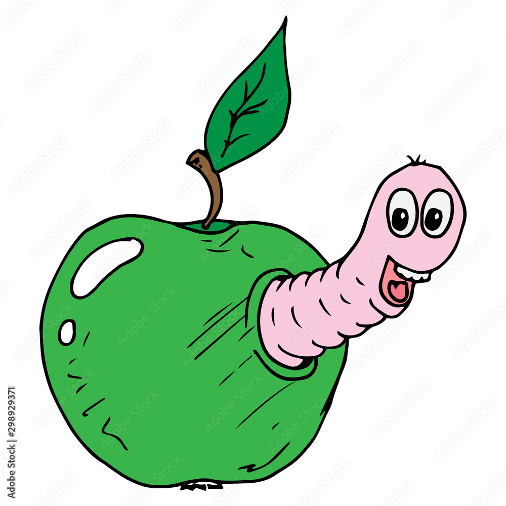 Vector illustration of an apple with a cartoon worm. Apple with a worm ...